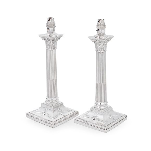 Bonhams : A matched pair of silver Corinthian column table lamps ...