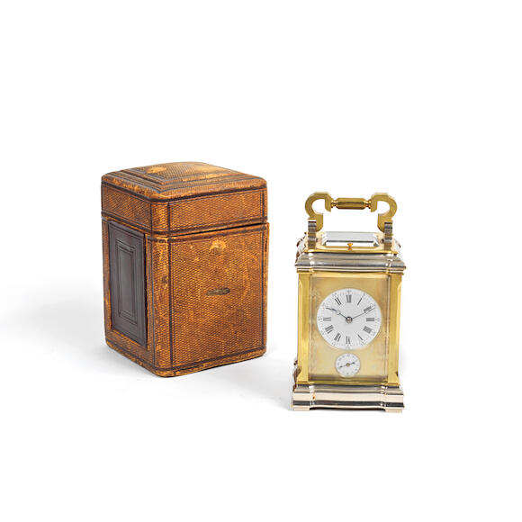 Bonhams : A late 19th century French silvered and gilt brass carriage clock with repeat and ...