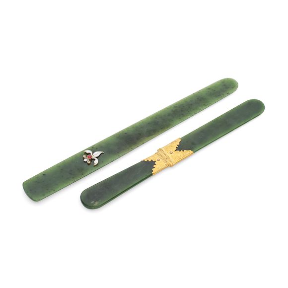 Bonhams : Two nephrite and gold paper knives unmarked, in the style of ...