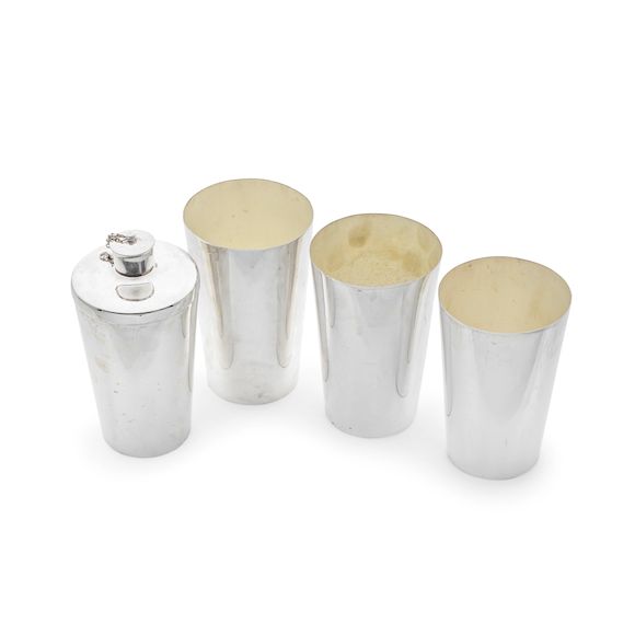 Bonhams : A silver-plated flask with three beakers maker's mark stamped ...