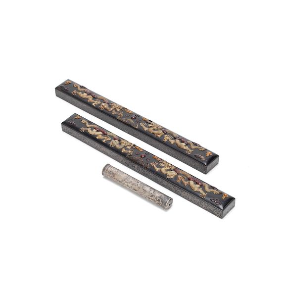 Bonhams : A PAIR OF INLAID SCROLL WEIGHTS AND AN ENGRAVED SILVER HANDLE ...