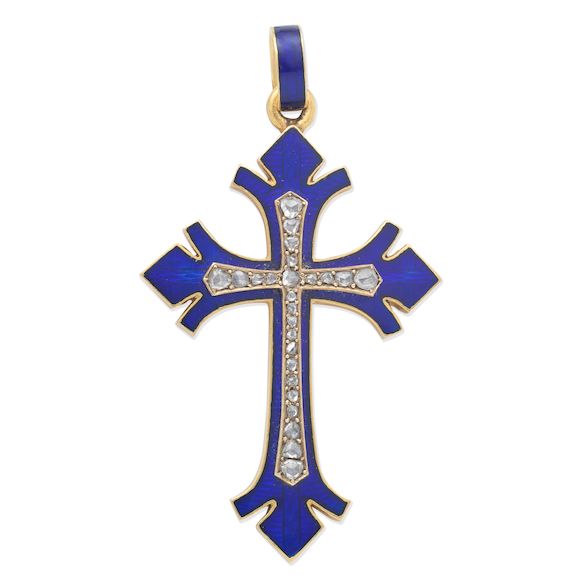 Bonhams : BLUE ENAMEL AND DIAMOND CROSS PENDANT