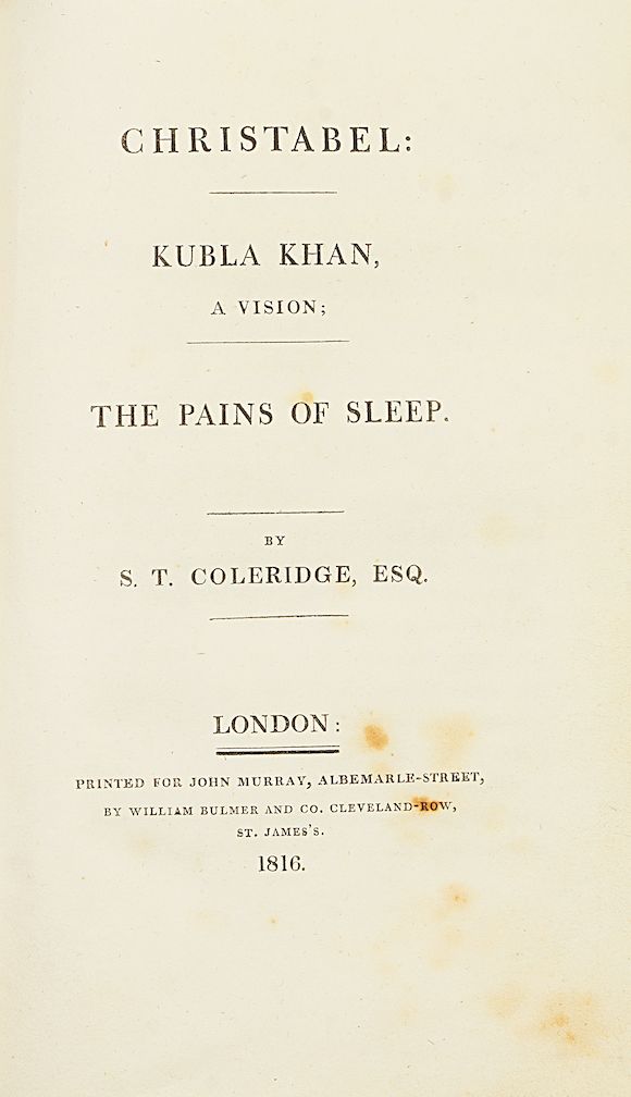 Bonhams : COLERIDGE (SAMUEL TAYLOR) Christabel: Kubla Khan, a Vision ...