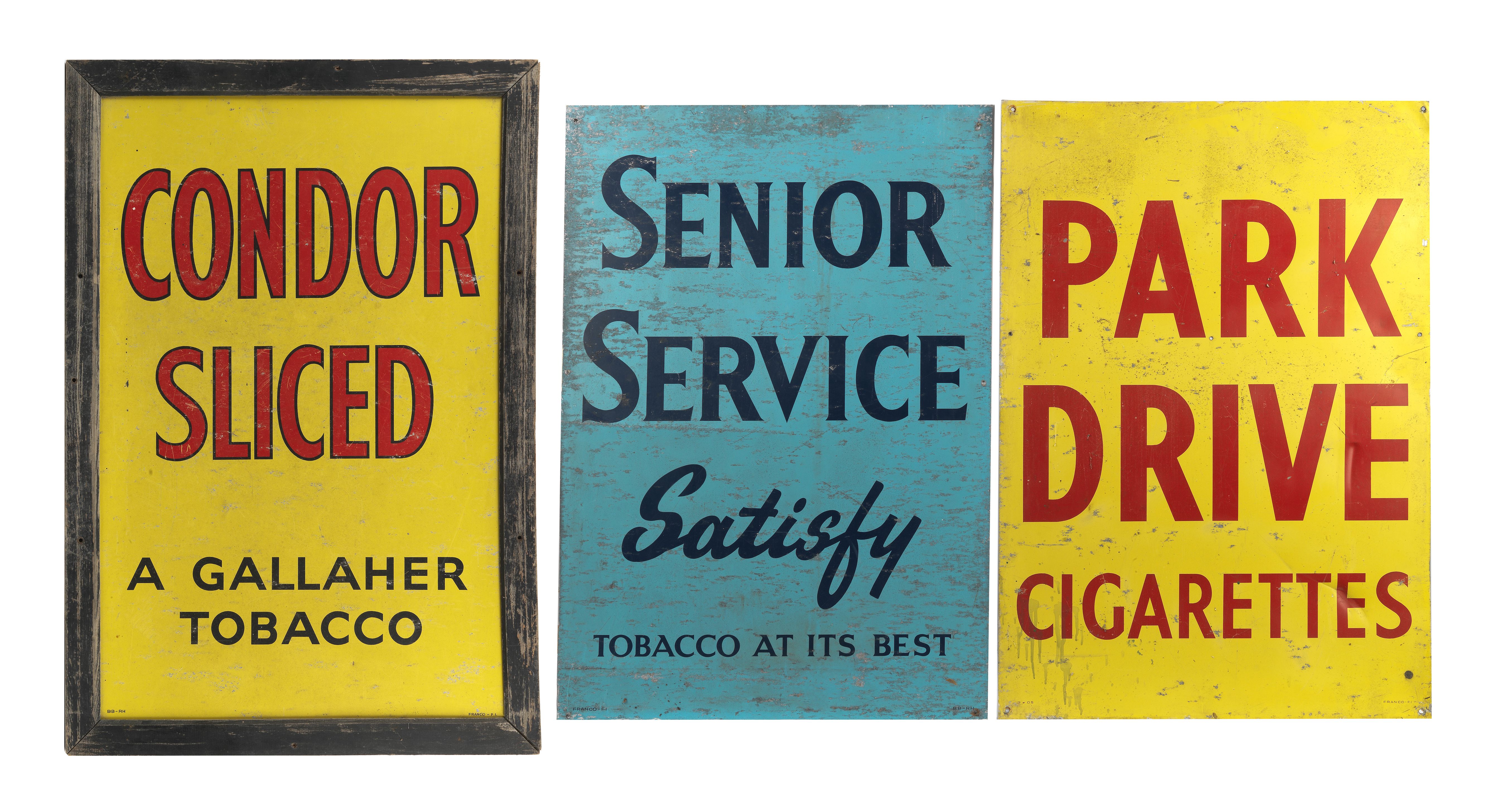 Bonhams Cars : Three large printed tin tobacconist's signs by Franco ...