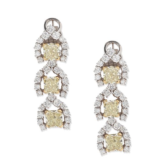Bonhams : REPOSSI: DIAMOND AND COLOURED DIAMOND PENDENT EARRINGS