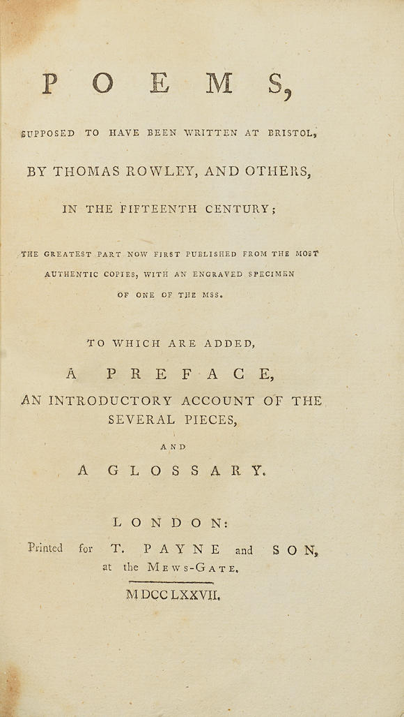 Bonhams : CHATTERTON (THOMAS) Poems, supposed to have been written at ...