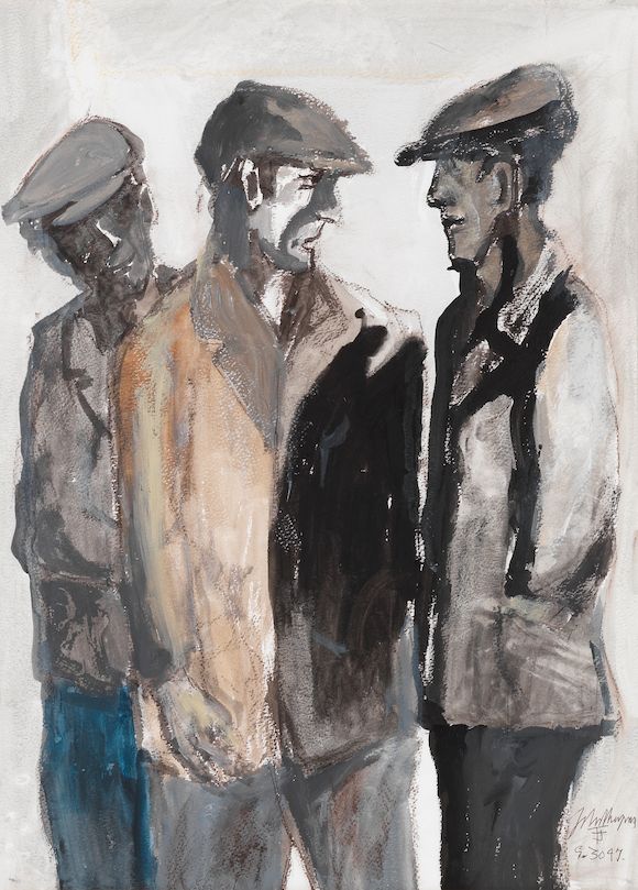 Bonhams : John Thompson (British, 1924-2011) Three Men in Cloth Caps