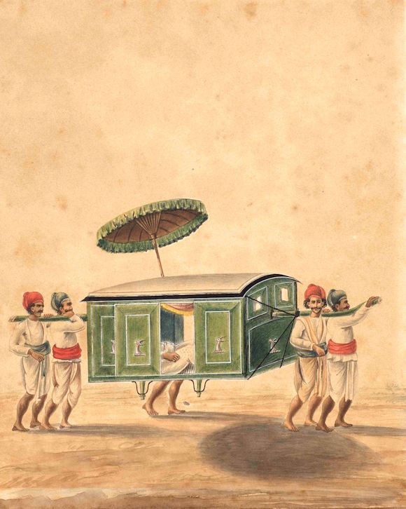 Bonhams : Two paintings depicting noblemen carried in palanquins ...