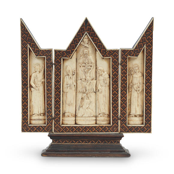 Bonhams : A 19th century Italian carved bone and parquetry inlaid triptych in the Embraichi style