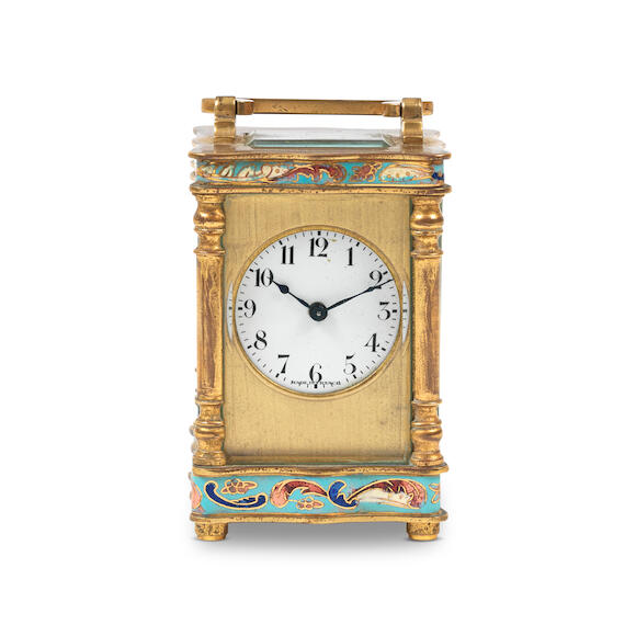 Bonhams : An early 20th century French gilt brass and champleve enamel miniature carriage timepiece