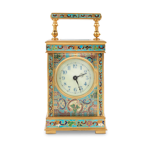 Bonhams : An early 20th century gilt brass and champlevé enamel carriage timepiece the backplate ...