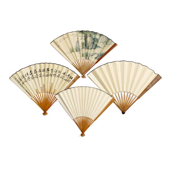 Bonhams : FOUR CARVED BAMBOO AND BAMBOO VENEER FAN GUARDS MOUNTED WITH FAN LEAFS, TWO PAINTED BY ...