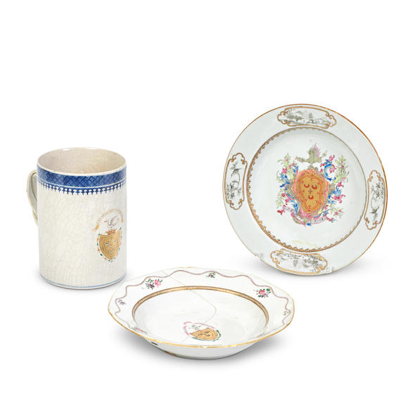 Bonhams Three Chinese Export Porcelain Armorial Pieces Comprising A