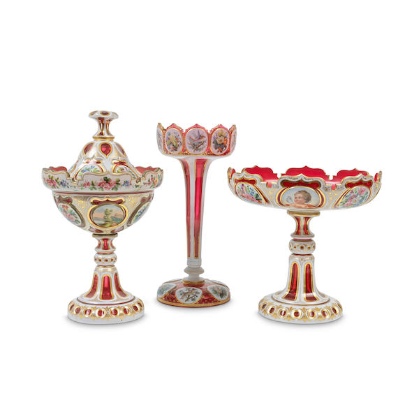Bonhams Three Late 19th Century Bohemian Overlaid Ruby Glass Pieces