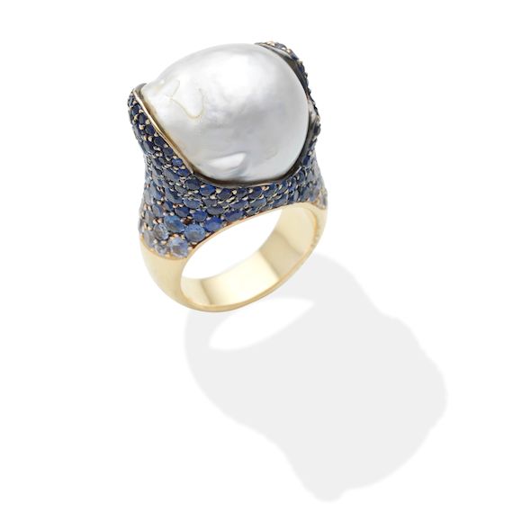 Bonhams : ANDRE MARCHA: CULTURED PEARL AND SAPPHIRE DRESS RING