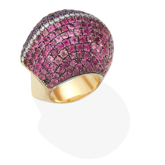 Bonhams : ANDRE MARCHA: AMETHYST, TOURMALINE AND DIAMOND BOMBÉ DRESS RING