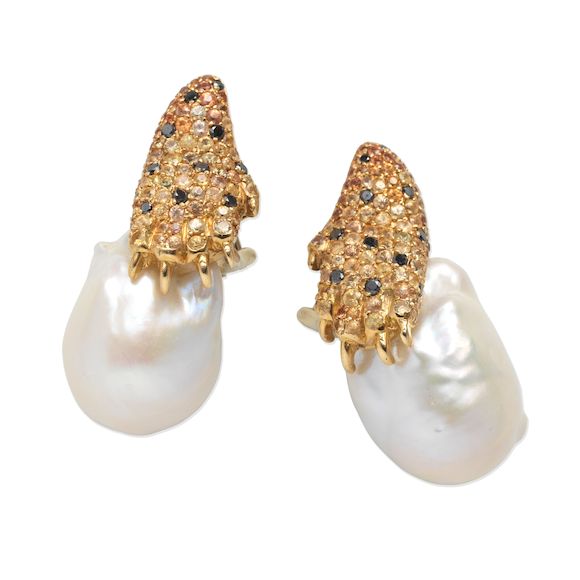 Bonhams : ANDRE MARCHA: CULTURED FRESH WATER PEARL AND GEM-SET EARCLIPS
