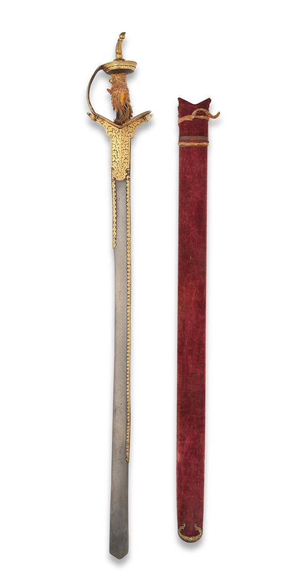 Bonhams : A gold koftgari watered-steel sword (khanda) India, dated ...