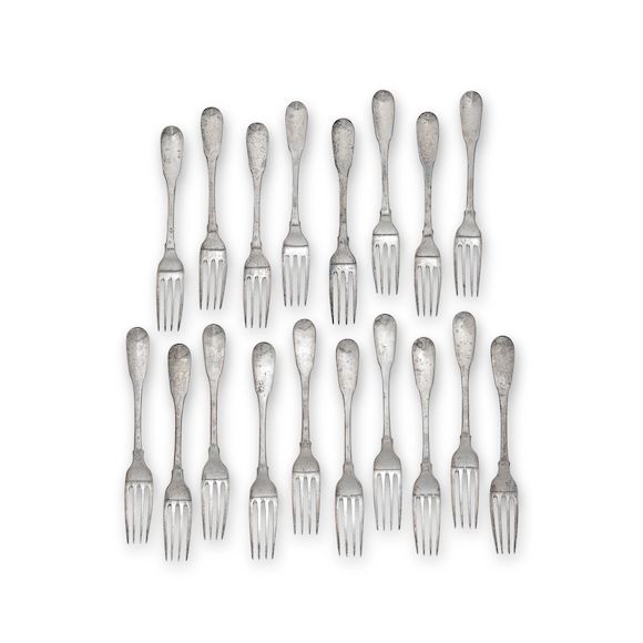 Bonhams : A set of eighteen 19th century French silver Fiddle pattern table forks possibly ...
