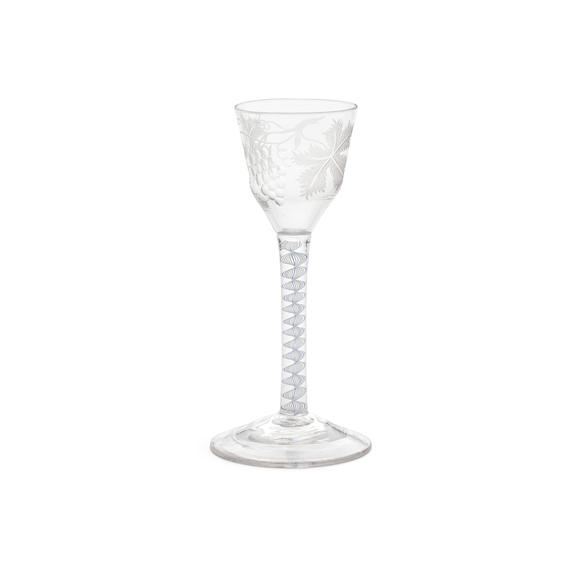 Bonhams A Rare Engraved Blue Colour Twist Wine Glass Circa 1765