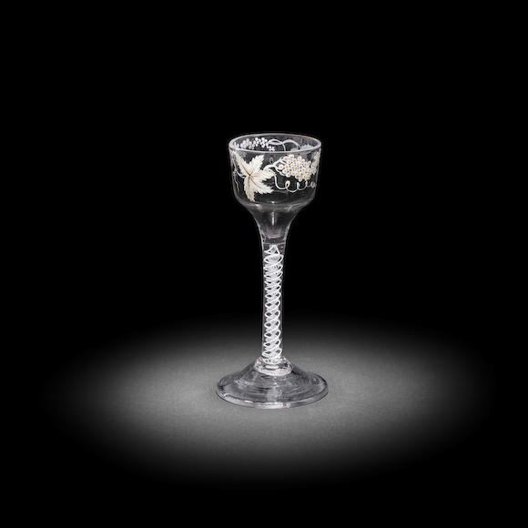Bonhams A Beilby Enamelled Opaque Twist Wine Glass Circa 1765