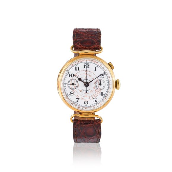Bonhams Cornette de Saint Cyr : Horeb. An 18K gold single pusher manual wind chronograph ...