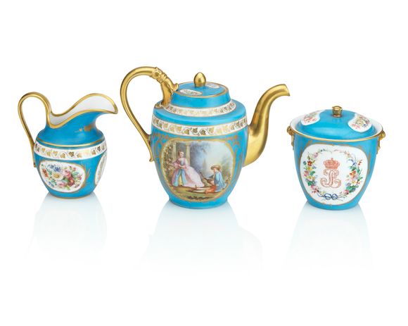 Bonhams : A Sevres style bleu celeste gilt porcelain three-piece part ...