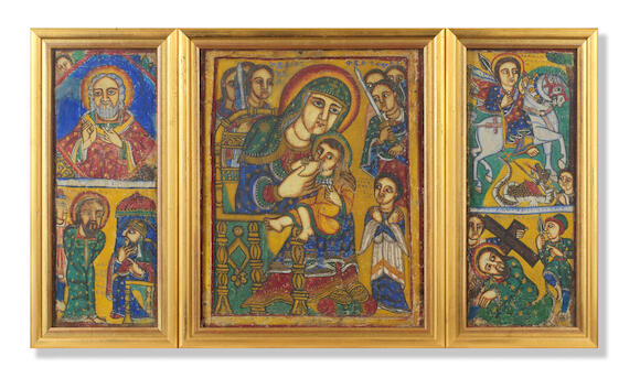 Bonhams : A triptych, depicting the Virgin and Child, God the Father, Saint George, and scenes ...
