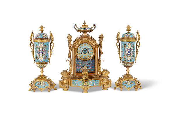Bonhams : A good late 19th century French gilt brass and polychrome enamel clock garniture Le ...