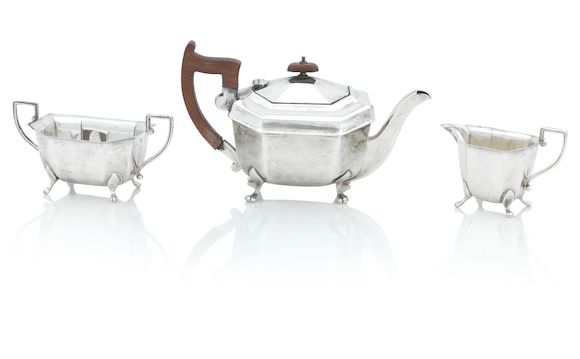 Bonhams : A George V Three piece silver tea service By Viners Ltd ...