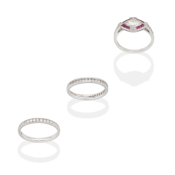 Bonhams Diamond And Ruby Ring With Two Diamond Half Eternity Rings 3