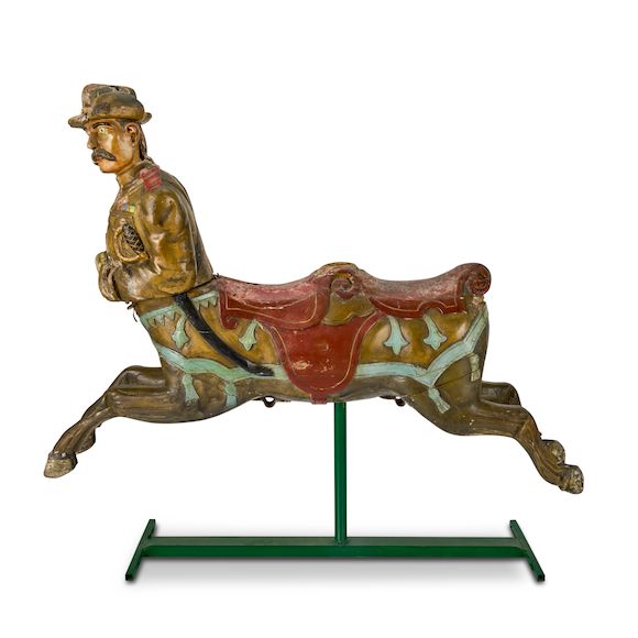 Bonhams : An English carved and painted double-seated galloping figure ...