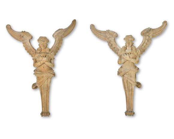 Bonhams : A near pair of English carved and later stripped winged ...