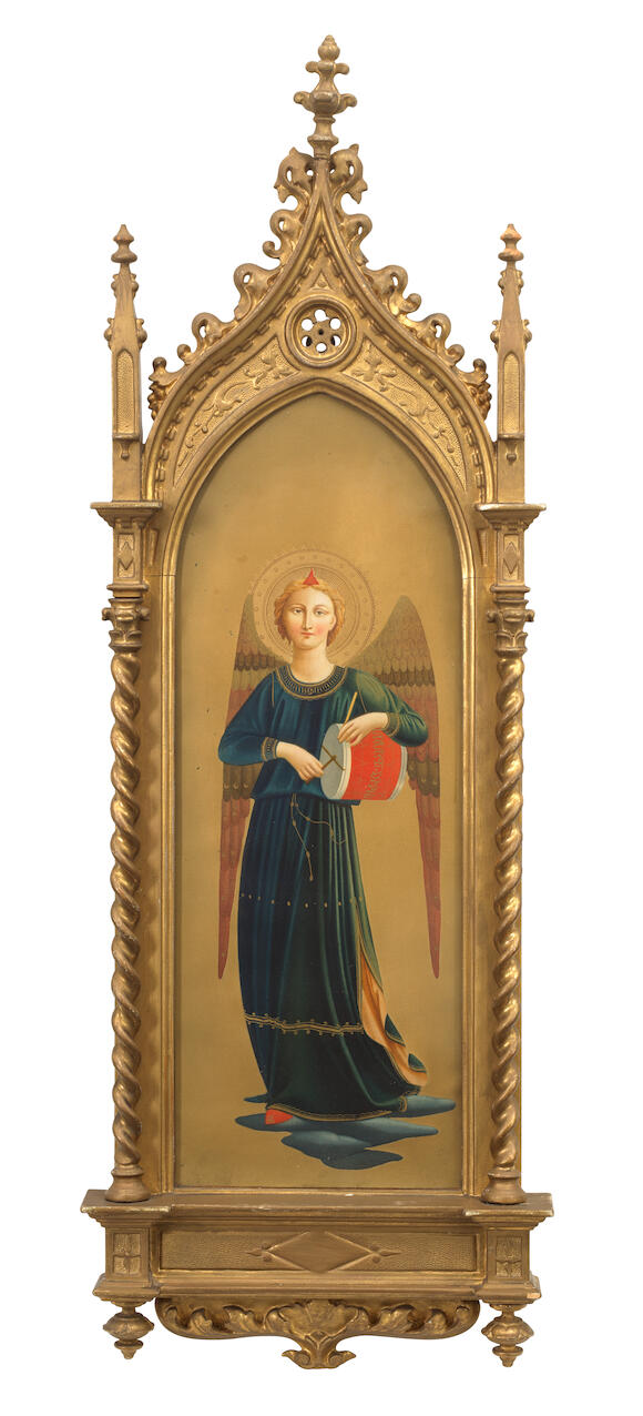 Bonhams : After Fra' Angelico, 19th Century Angels beating drums (2) in pierced and gabled ...
