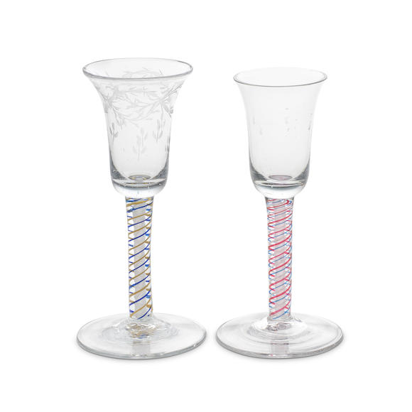 Bonhams Two Dutch Engraved Colour Twist Wine Glasses Circa 1765