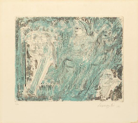 Bonhams : Laxman Pai (1926-2021) Untitled (Goa Mythology Narrative Blue ...