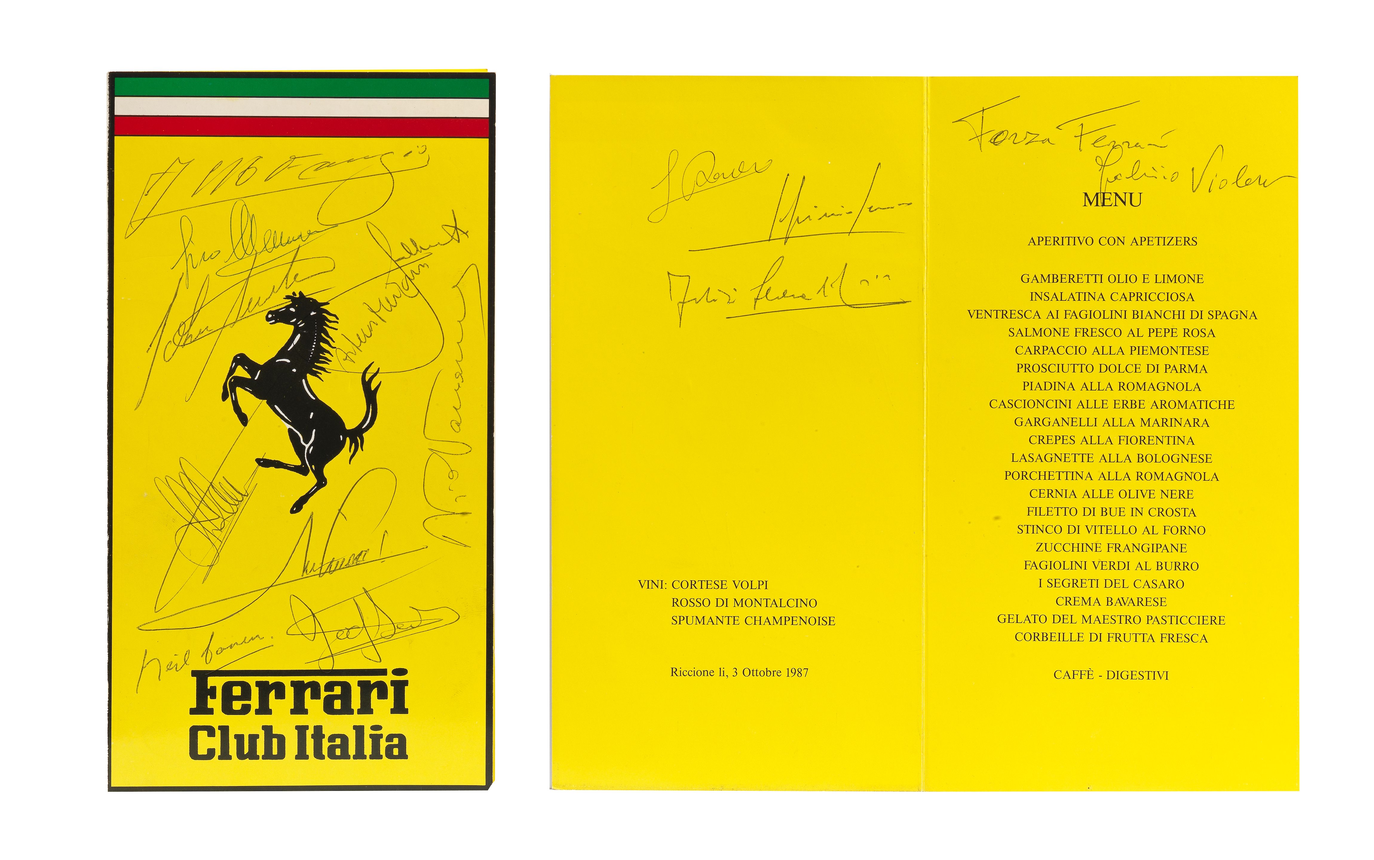 Bonhams Cars : A Ferrari Club Italia signed menu, 3 October 1987, ((2))