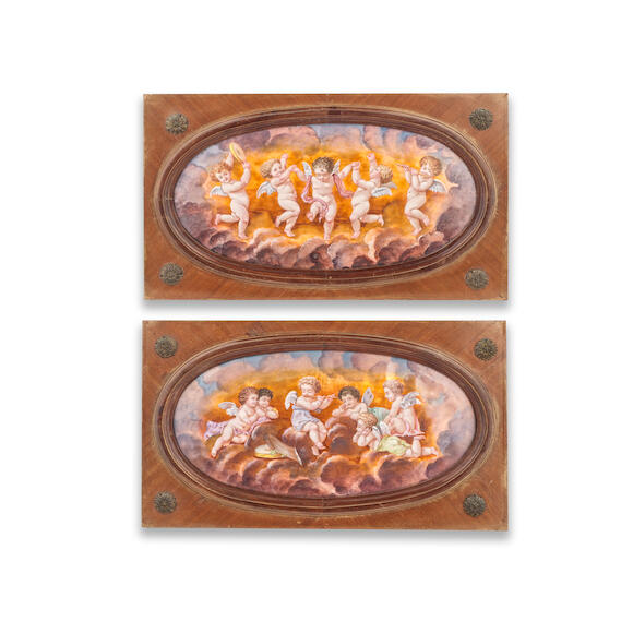 Bonhams : A pair of French enamel oval plaques in the Limoges style mounted within gilt brass ...