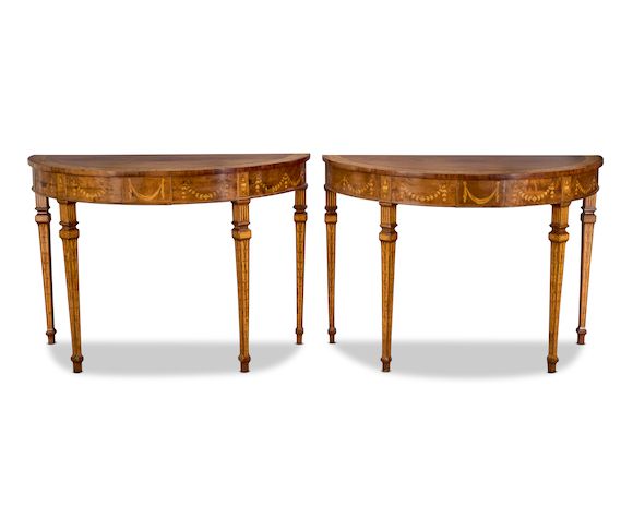 Bonhams : A pair of mahogany, satinwood and fruitwood marquetry demi ...