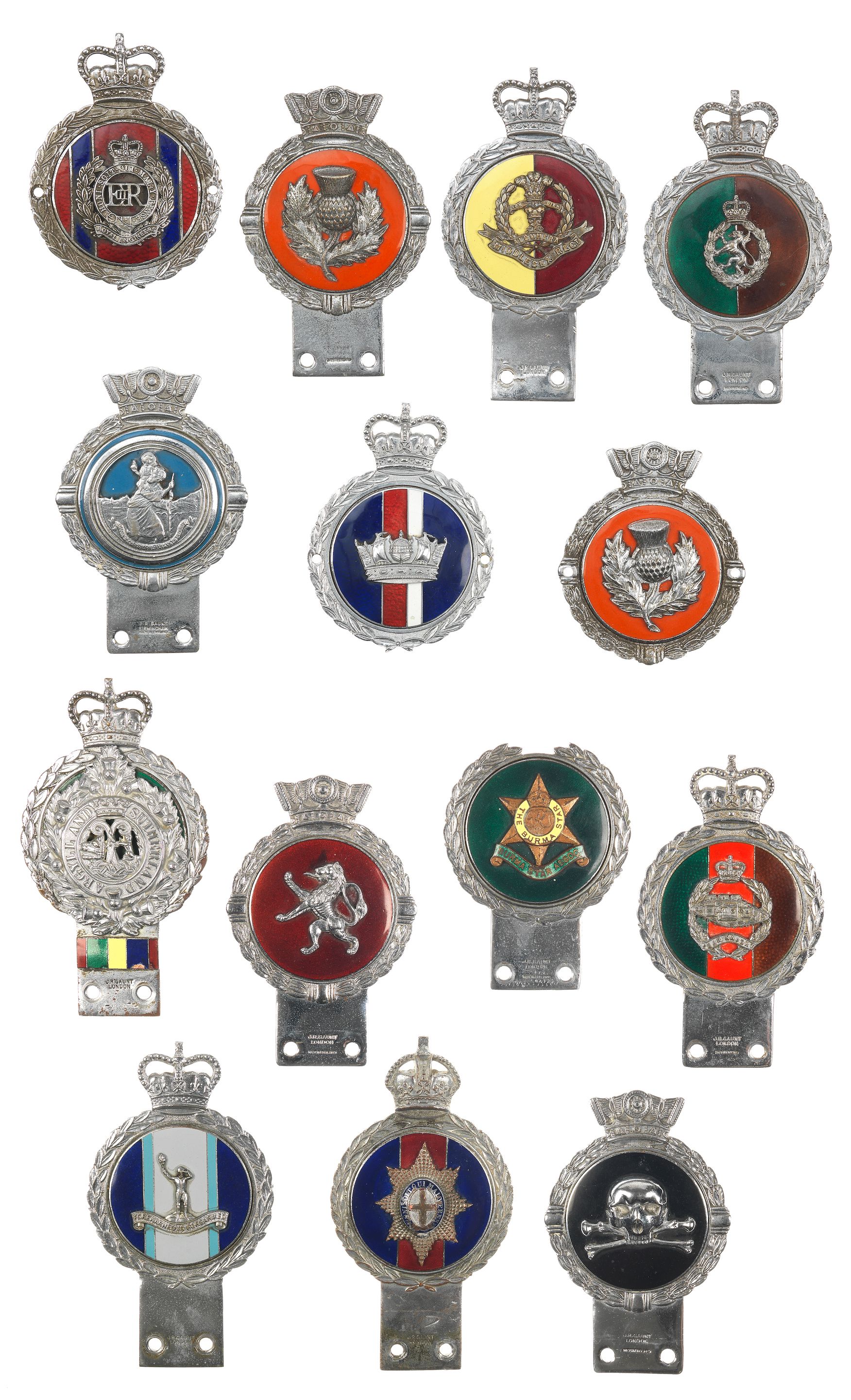 Bonhams Cars : Fourteen J R Gaunt enamel car badges,