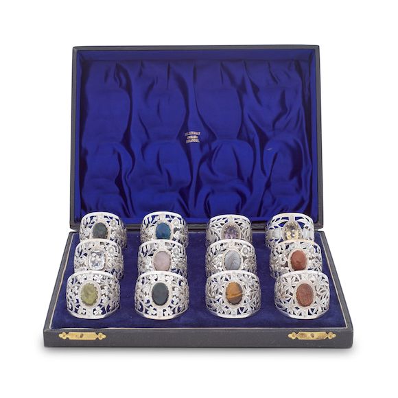 Bonhams : A cased set of twelve pierced silver and hardstone napkin ...