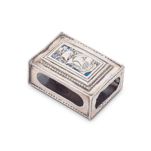 Bonhams : OMAR RAMSDEN: a silver and enamel match box holder London ...