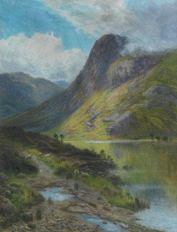 Bonhams : Edwin Stuart (British c.1900) Highland loch with sheep