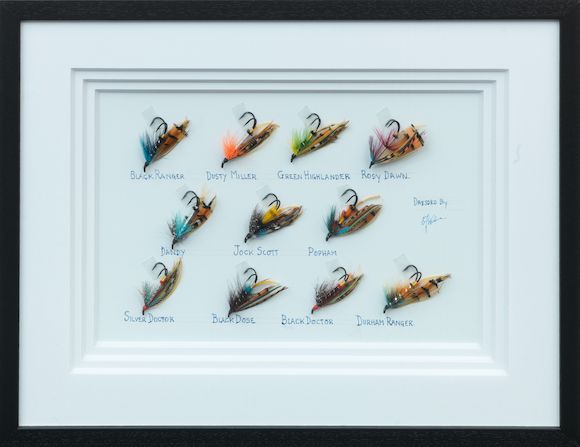 Bonhams : A framed display of eleven Scottish Salmon flies by Edward Kublin