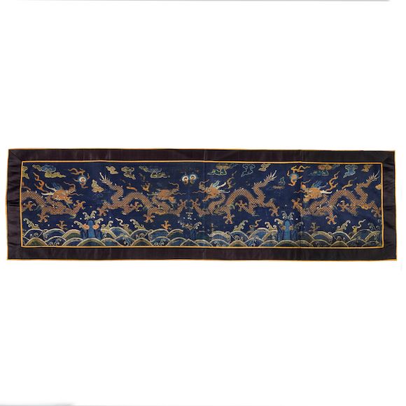 Bonhams : A BLUE GROUND 'DRAGON' BROCADE PANEL 17th century