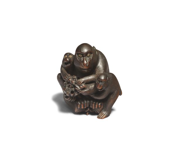 Bonhams : HOKYUDO ITSUMIN A Wood Group of Monkeys Edo period (1615-1868) or Meiji era (1868-1912 ...