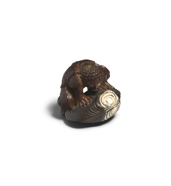 Bonhams : KOMIN A Wood Netsuke of a Kappa on a Clam Edo period (1615 ...