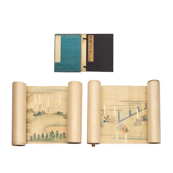 Bonhams : TWO JAPANESE HANDSCROLLS AND A JAPANESE ALBUM OF MANUSCRIPTS ...