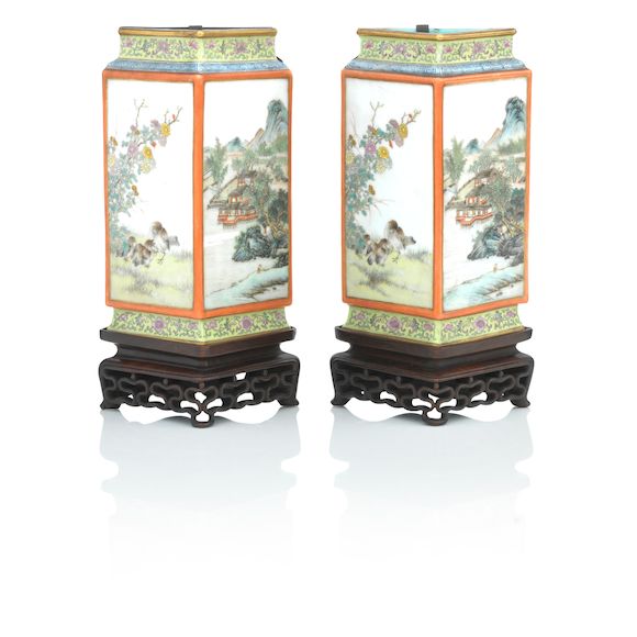 Bonhams : A pair of Chinese triangular wall vases Six-character ...