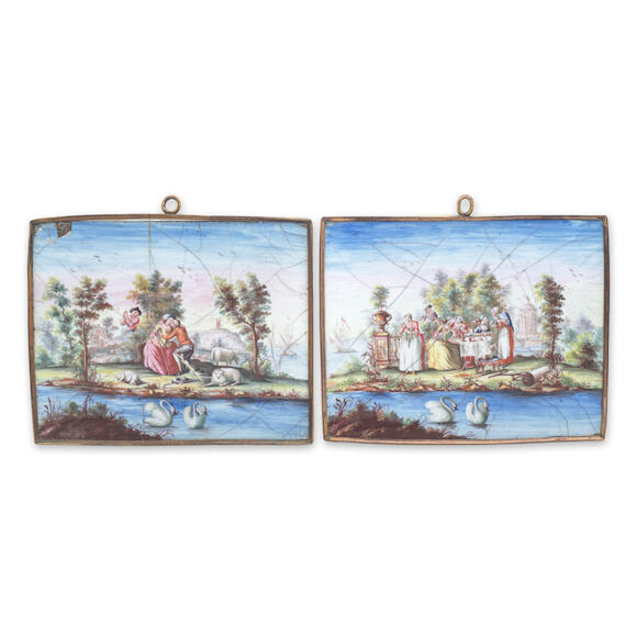 Bonhams : A rare pair of Birmingham enamel plaques, circa 1755